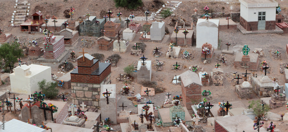 Culture and religion. Panorama view of an aboriginal cemetery high in ...