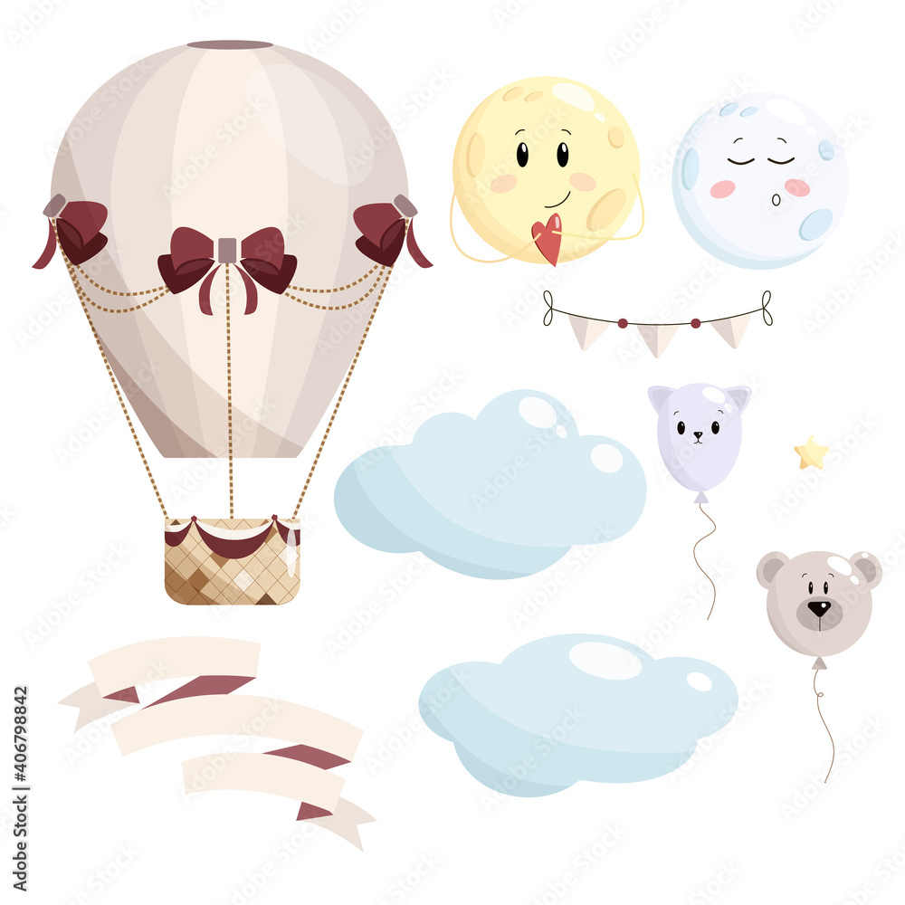 Vetor de Nursery baby set with hot air balloon, moon, sun, clouds ...