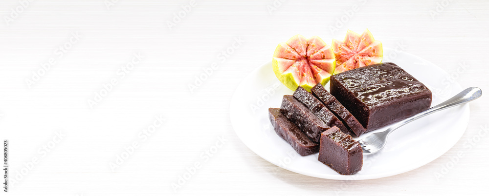 Guava jam in bar known in Brazil as Goiabada, isolated on white ...