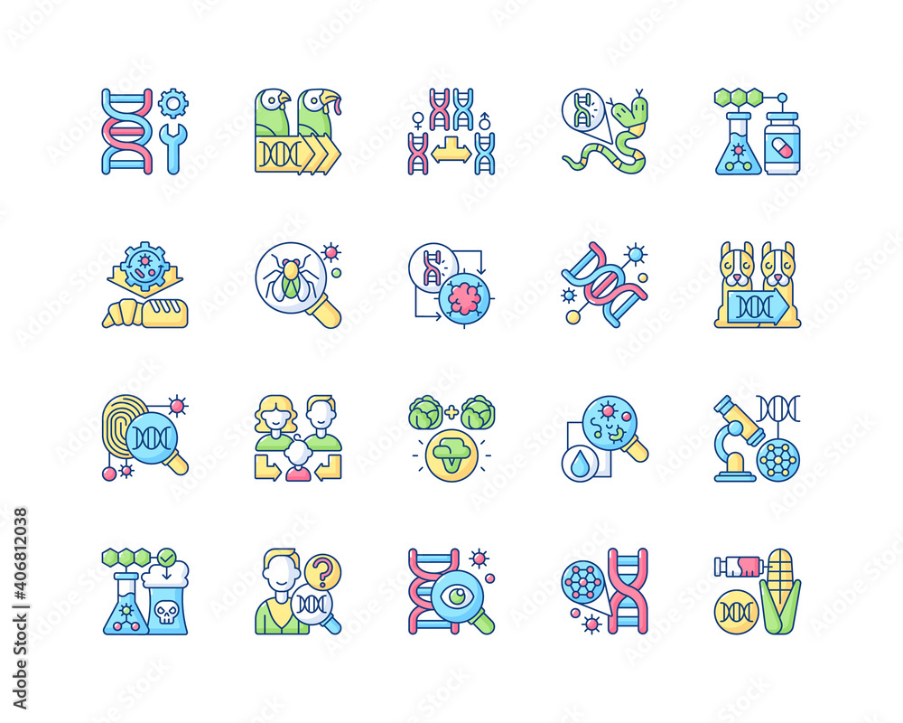 Genetic engineering RGB color icons set. Chromosome division. Animal ...