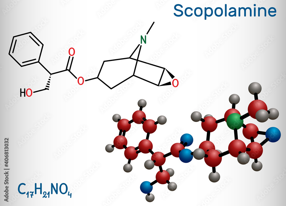 Hyoscine, scopolamine. L-Scopolamine molecule. It is natural plant ...