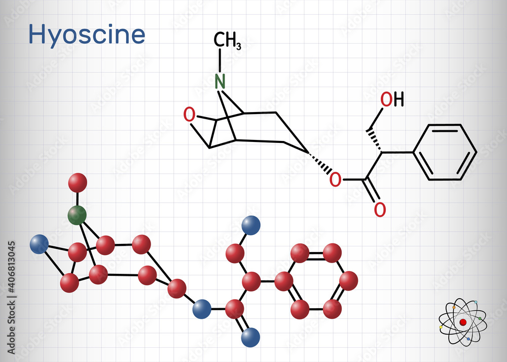 Hyoscine, scopolamine. molecule. It is natural plant alkaloid ...