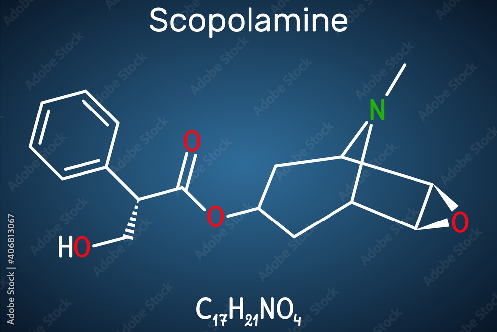 Hyoscine, scopolamine. L-Scopolamine molecule. It is natural plant ...