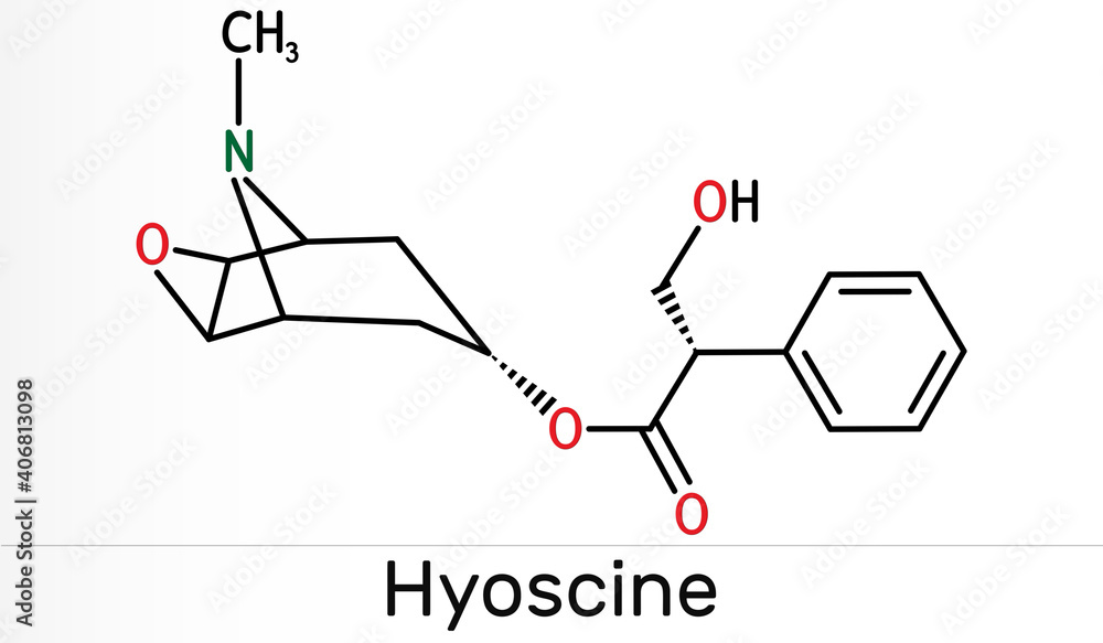Hyoscine, scopolamine. L-Scopolamine molecule. It is natural plant ...