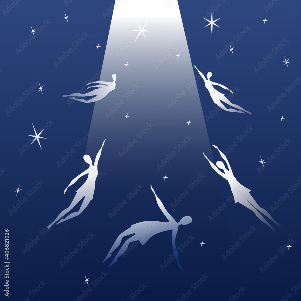 Souls fly to heaven. Soul ascension in heavenly light. Vector ...