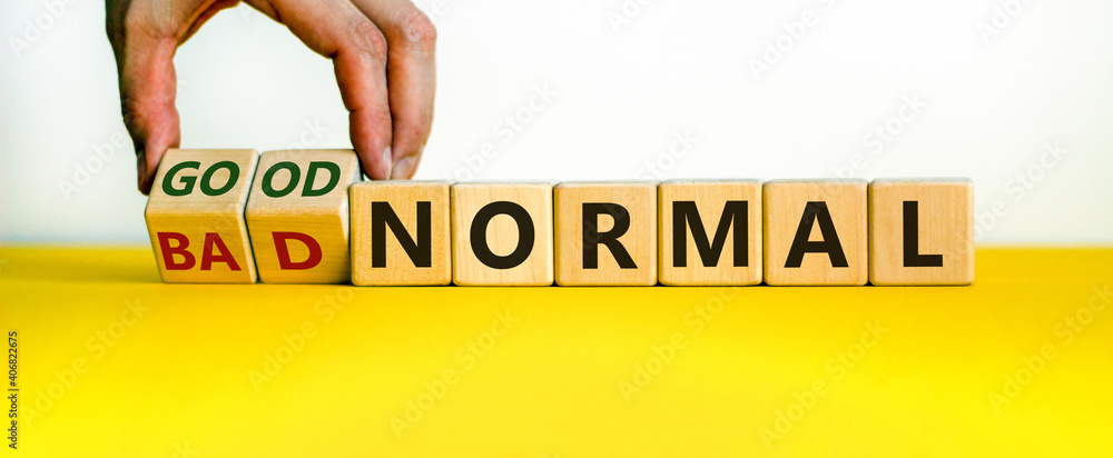 Foto de Good or bad normal symbol. Hand turns cubes and changes words ...