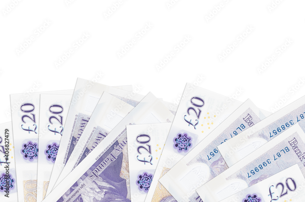 20 British pounds bills lies on bottom side of screen isolated on white ...