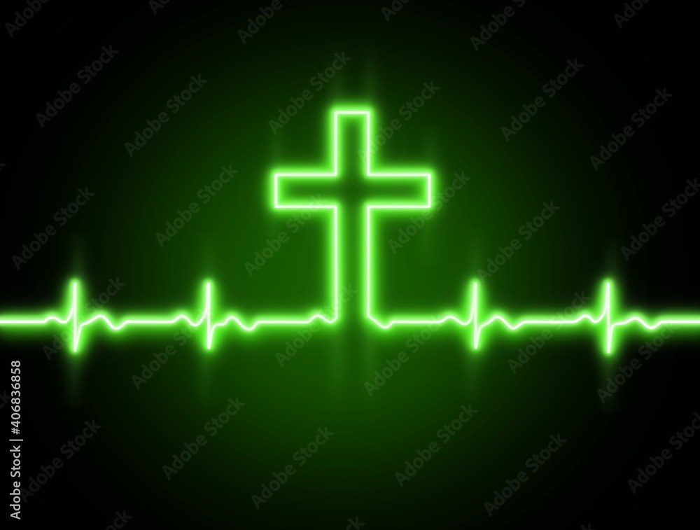 Cross of God Lord Jesus Christ. Heartbeat line icon. Heart rhythm. ECG ...