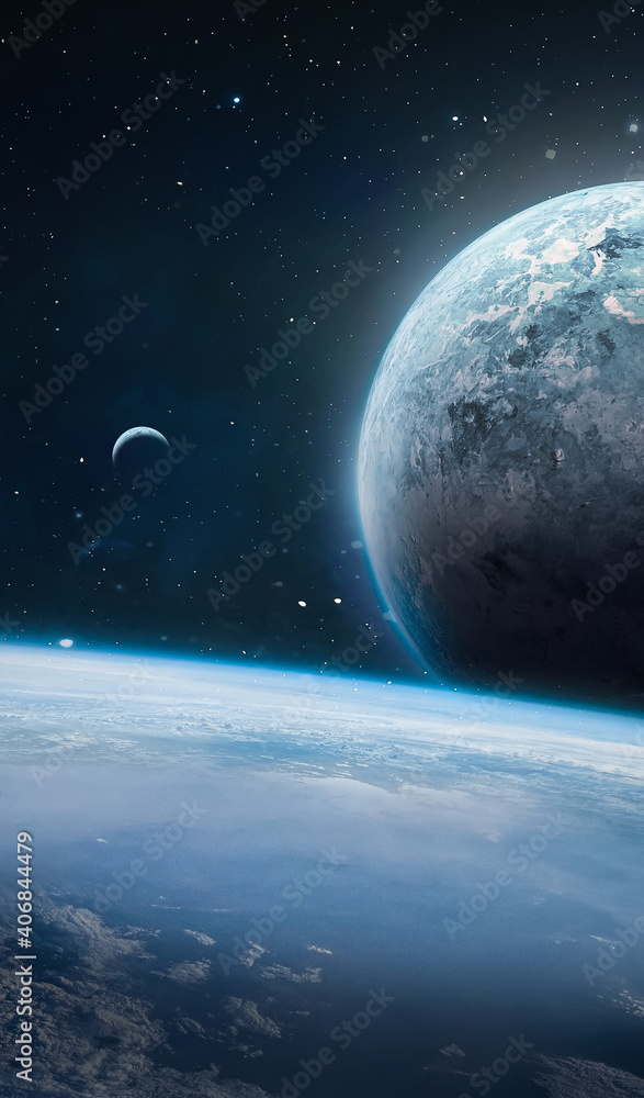 Earth, Moon and other planets with atmosphere in deep space. Sci fi ...