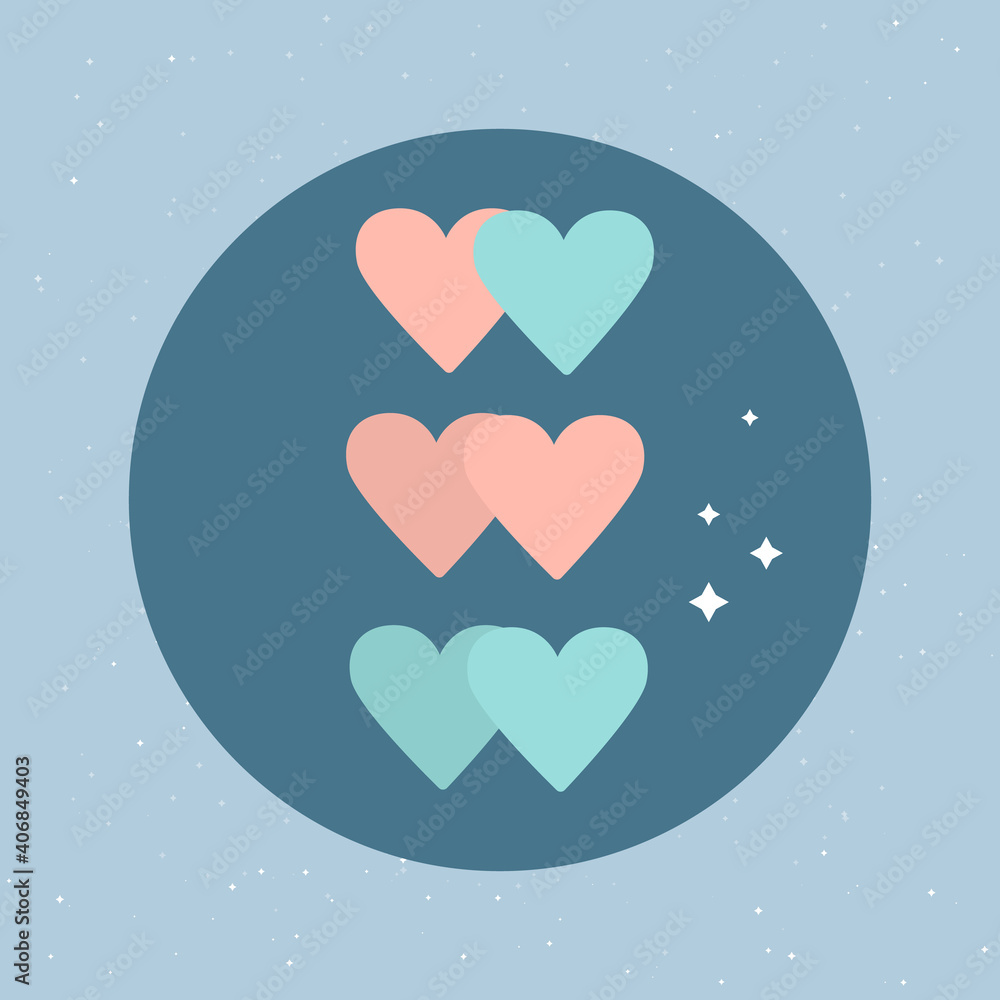 Set of couples colorful hearts, red and blue colors. Romantic pictogram ...