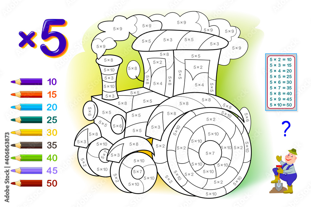 Multiplication table by 5 for kids. Math education. Coloring book ...