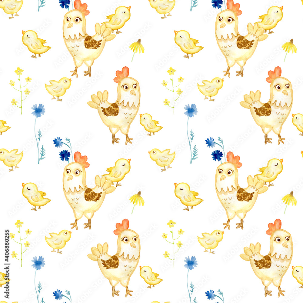 Cute Cartoon Chickens and Roosters Kids Pattern for Fabric Stock ...