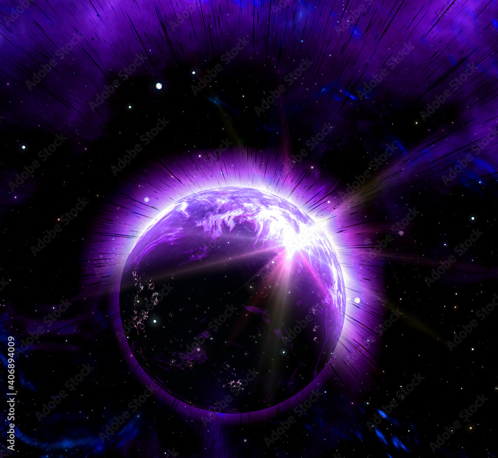 Fantasy purple illuminated planet with backdrop stars and nebula, comic ...