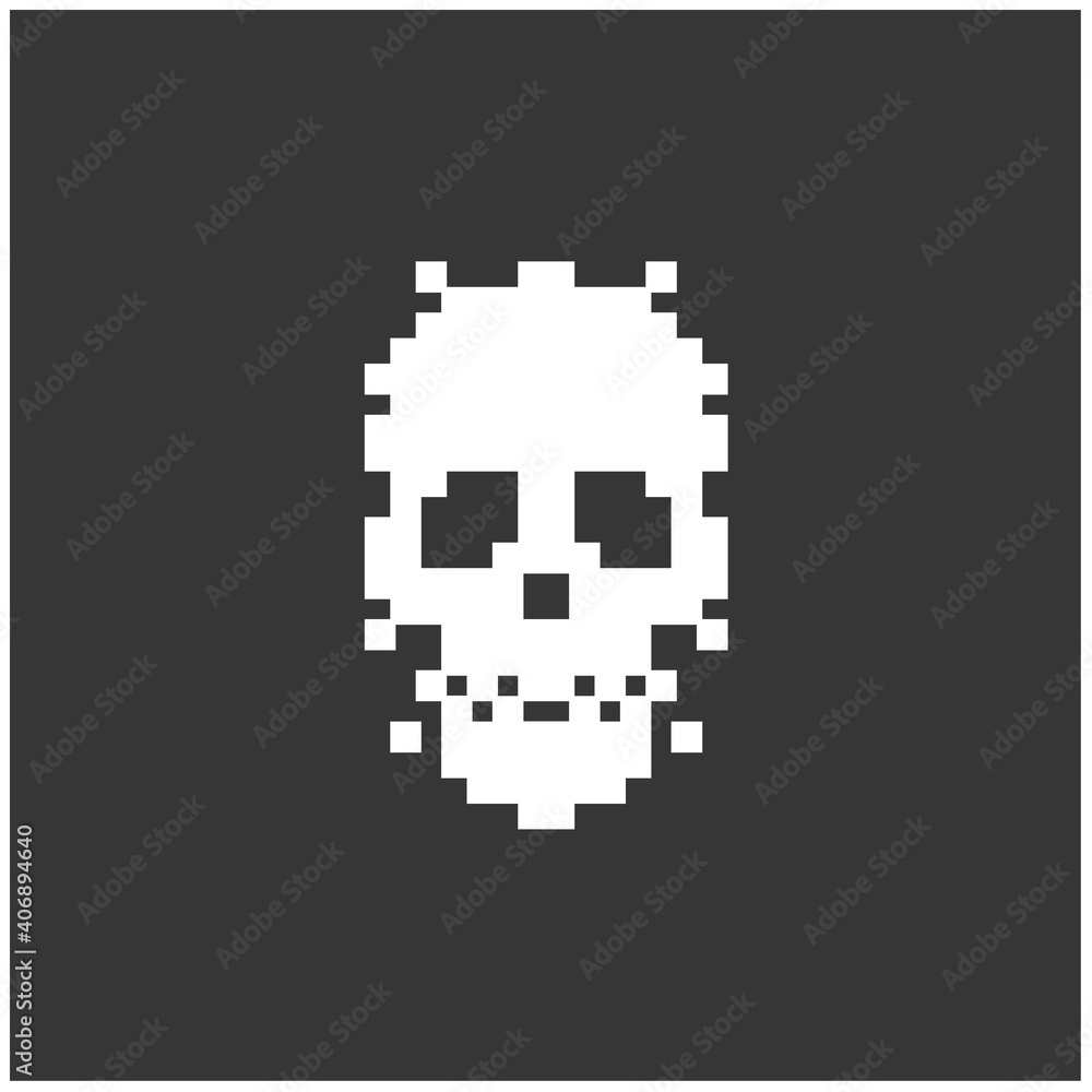 Pixel art skull head face logo design vector icon illustration on black ...