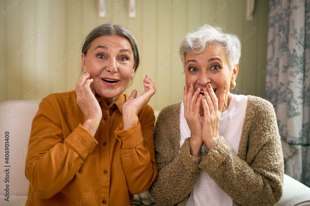 Human facial expressions, emotions and reactions. Indoor shot of two ...