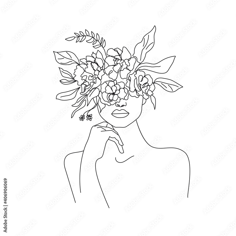 Woman Body With Flowers One Line Drawing Continuous Line Woman And