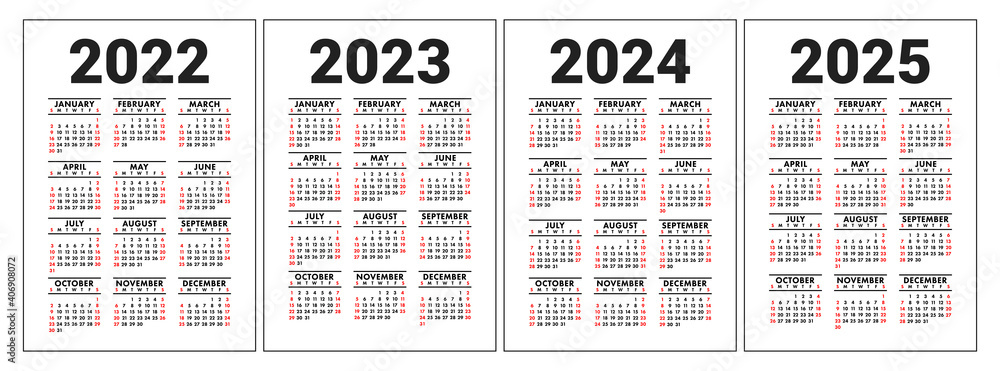 Calendar 2022, 2023, 2024 and 2025. English vector set. Vertical wall ...
