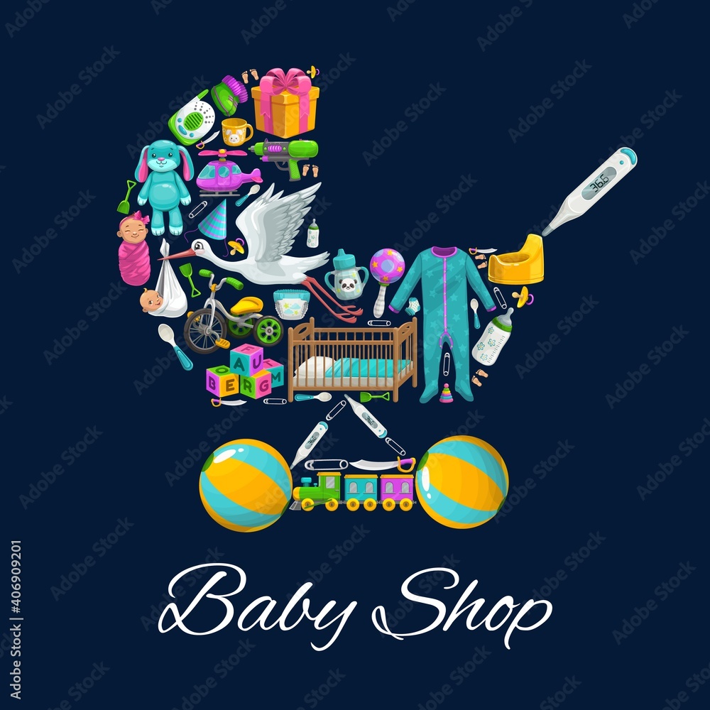 Baby shop toys, newborn kid clothes and care products, vector poster ...