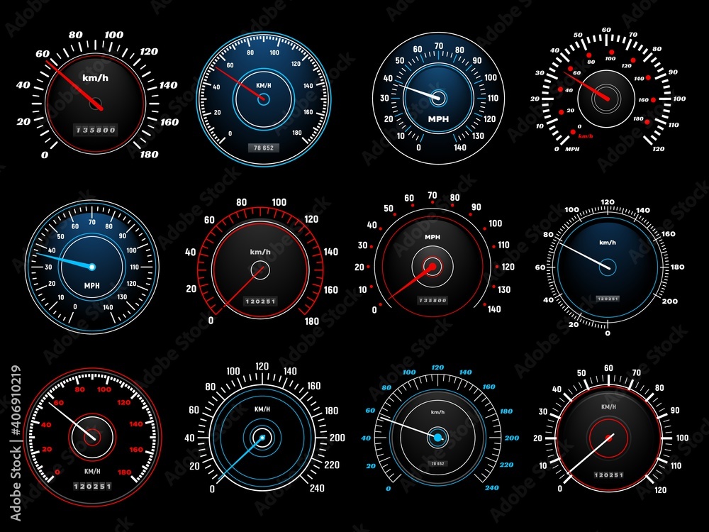 Speedometers, speed indicator vector dashboard dial scales for auto ...