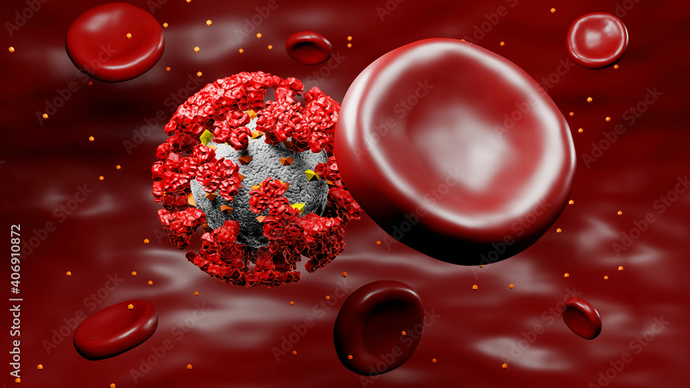 Coronavirus Covid-19 cells with human red blood cells in human body ...