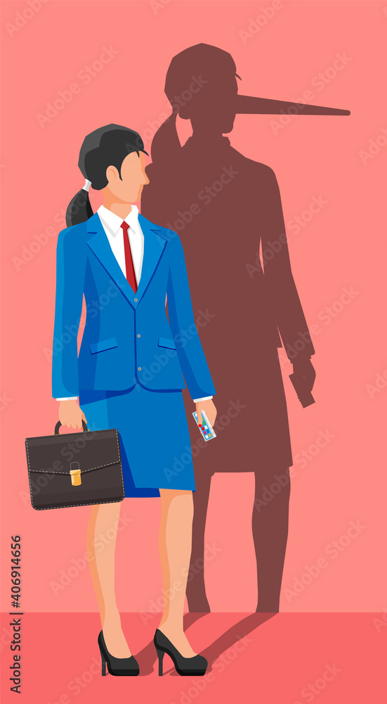 Businesswoman with long nose shadow on wall. Liar, lying people in ...