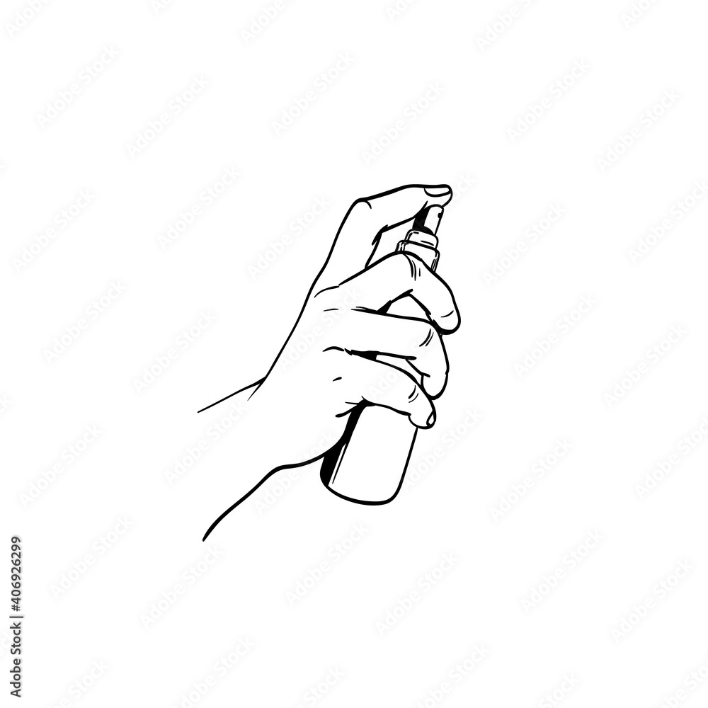 Fototapeta Hand holds Aerosol spray can. Wrist with antiseptic in a ... Fototapeta Hand holds Aerosol spray can. Wrist with antiseptic in a ...
