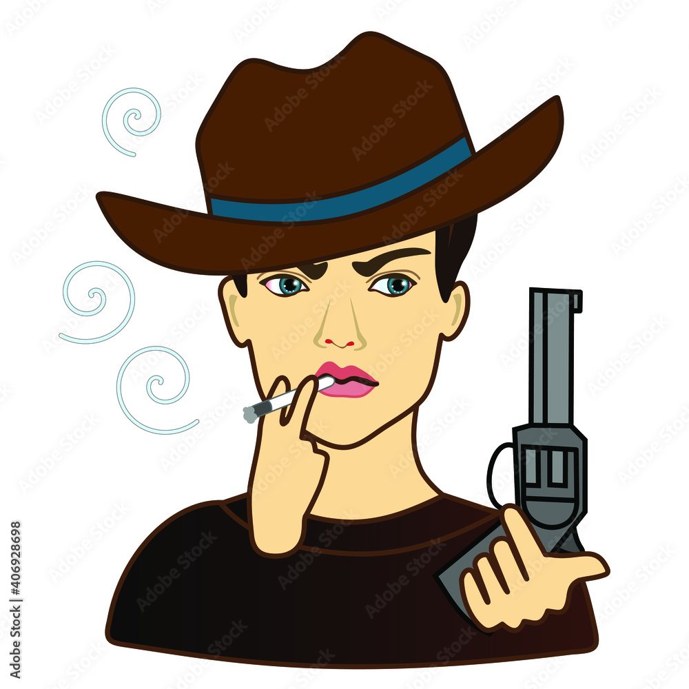 emoji with a smoking cowboy tipping his hat with a gun, wild west ...
