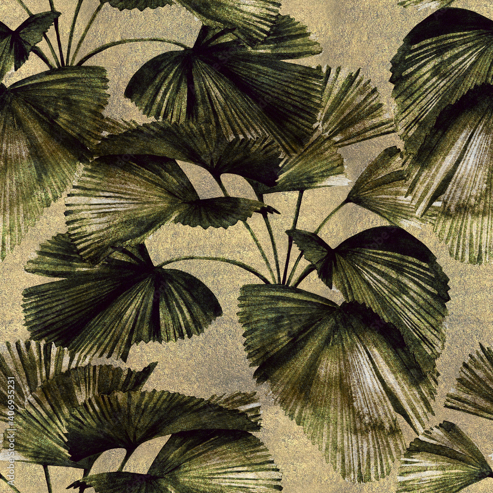 Seamless pattern with round fan-shaped palm leaves. Stock illustration ...