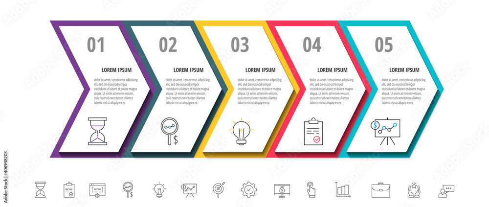 Infographics arrows with five steps, icons. Vector template. Can be ...