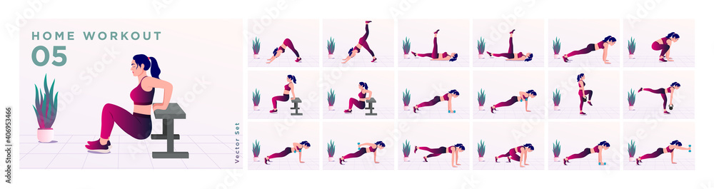Women Workout Set. Women doing fitness and yoga exercises. Lunges ...