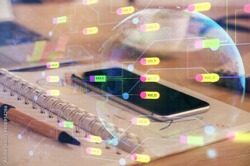 Double exposure of data theme drawing and mobile phone background ...