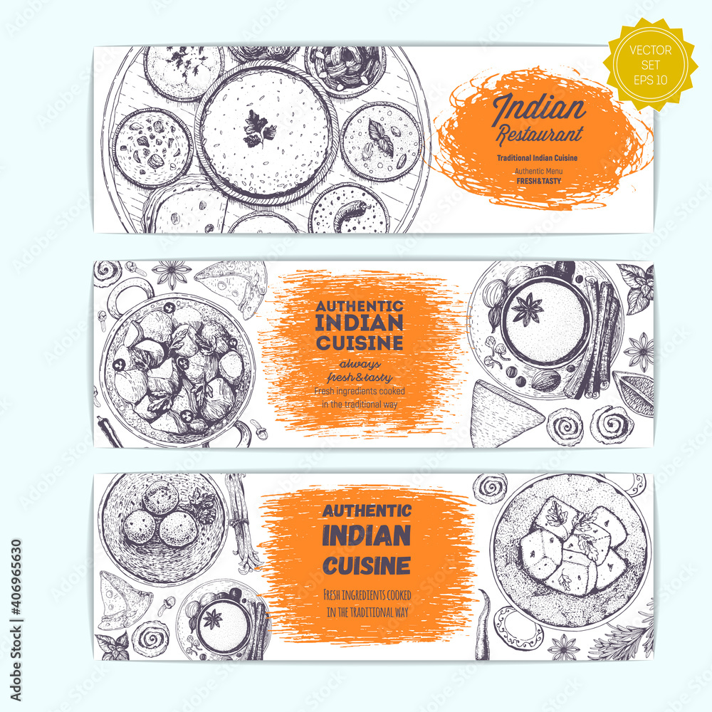 Indian food vintage design template. Vertical banners set. Vector ...