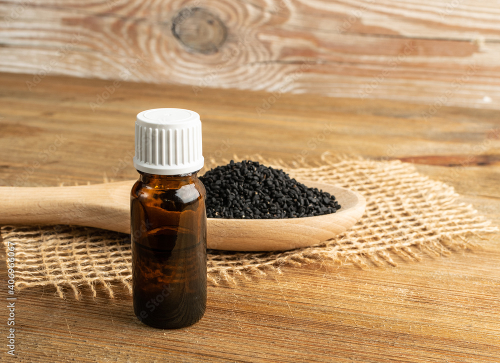 Black Cumin, Nigella Sativa or Black Caraway Seeds Essential Oil Stock ...