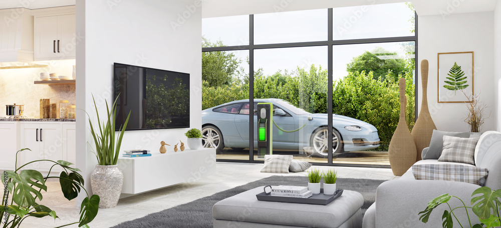 Interior design of an open plan living room and kitchen with a charging ...