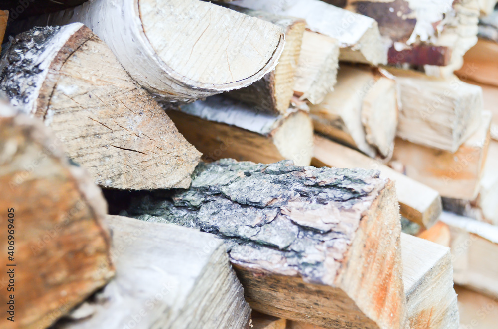 Close-up texture of dry fireplace logs. Wood background. Macro shooting ...