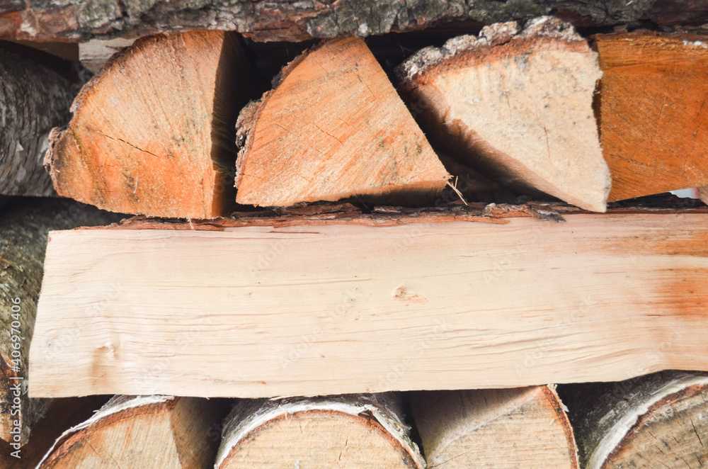 Close-up texture of dry fireplace logs. Wood background. Macro shooting ...