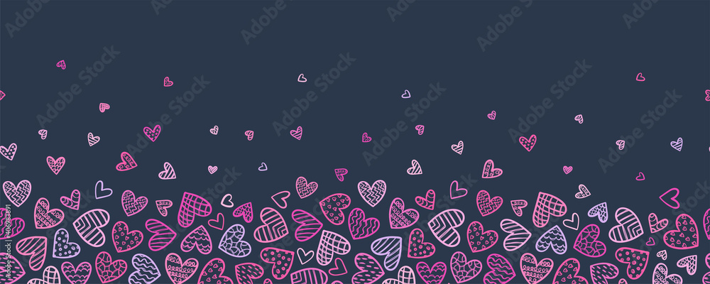 Fun hand drawn horizontal seamless pattern, colorful doodle hearts ...