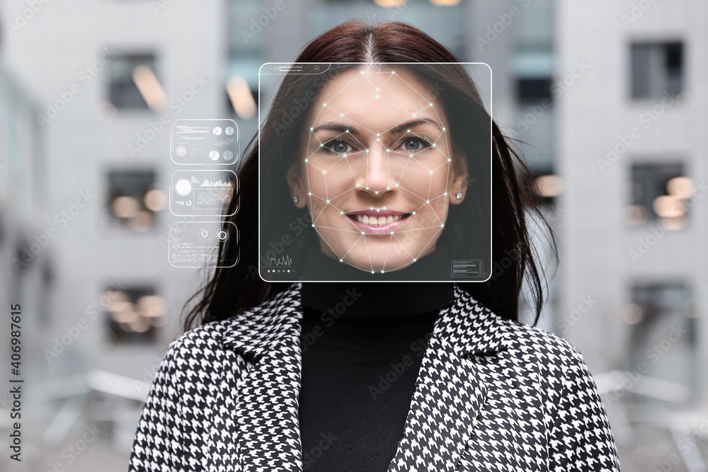 Facial recognition system. Woman with scanner frame and digital ...