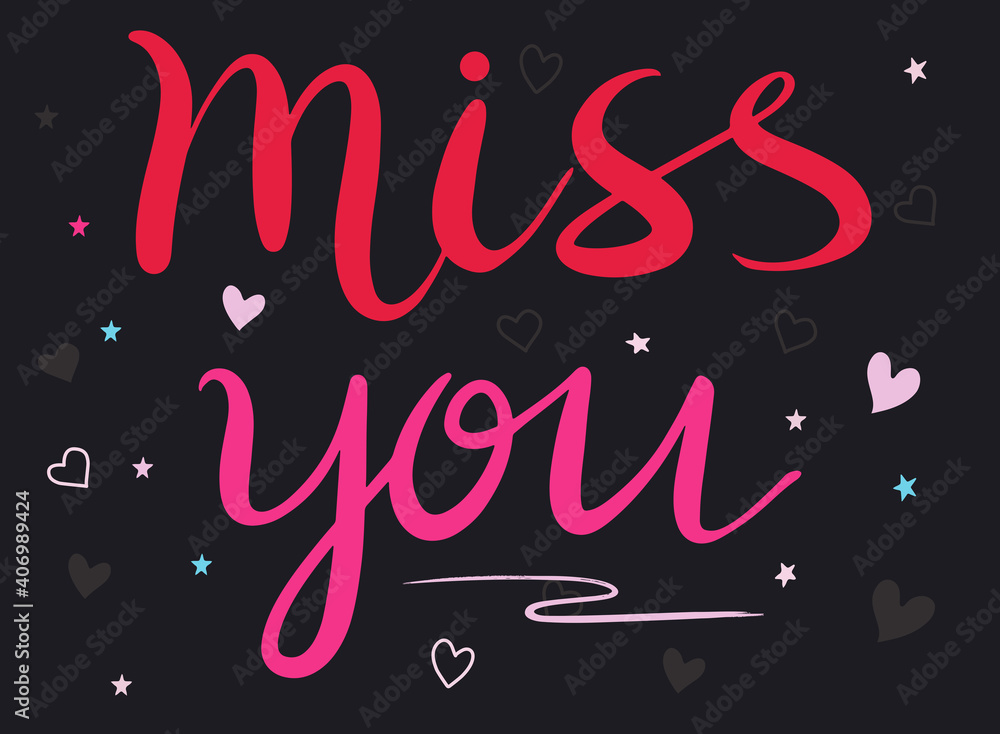 Hand lettering words Miss you with hearts, romantic greeting card ...