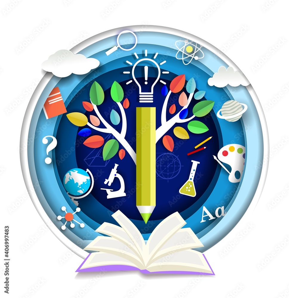 Paper cut open book, tree of knowledge, pencil, science and school ...