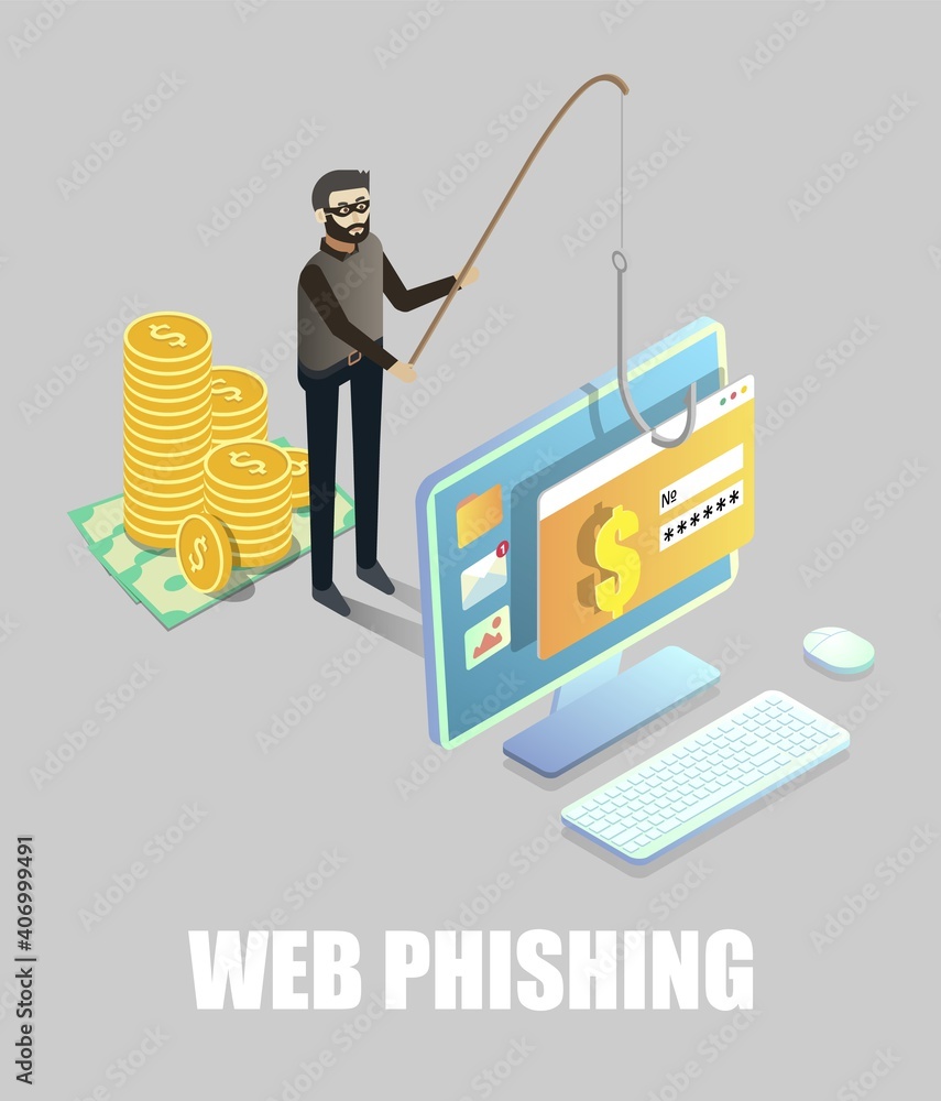 Web phishing. Isometric hacker, cyber thief hacking bank account credit card data from computer ...