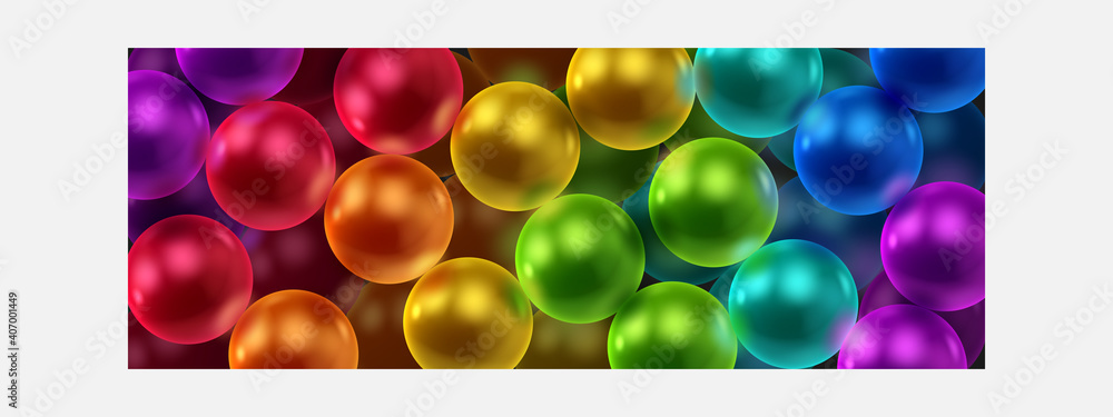 Banner with realistic colorefull balls, arranged according to the ...