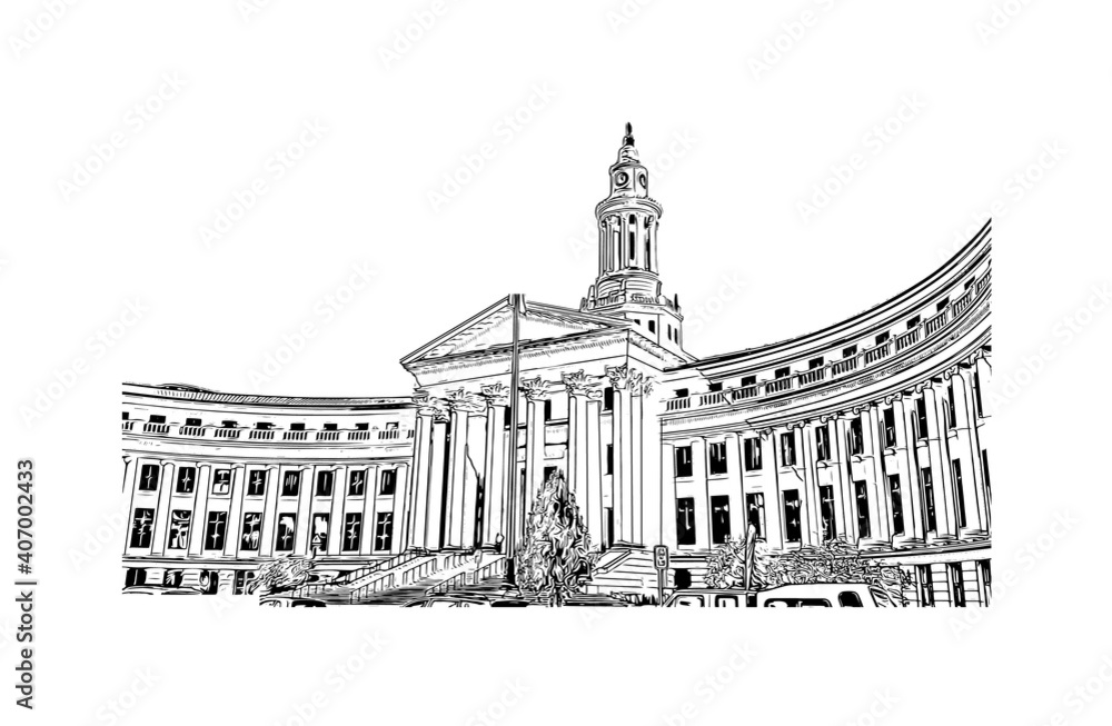 Building view with landmark of Denver is the capital of Colorado. Hand ...