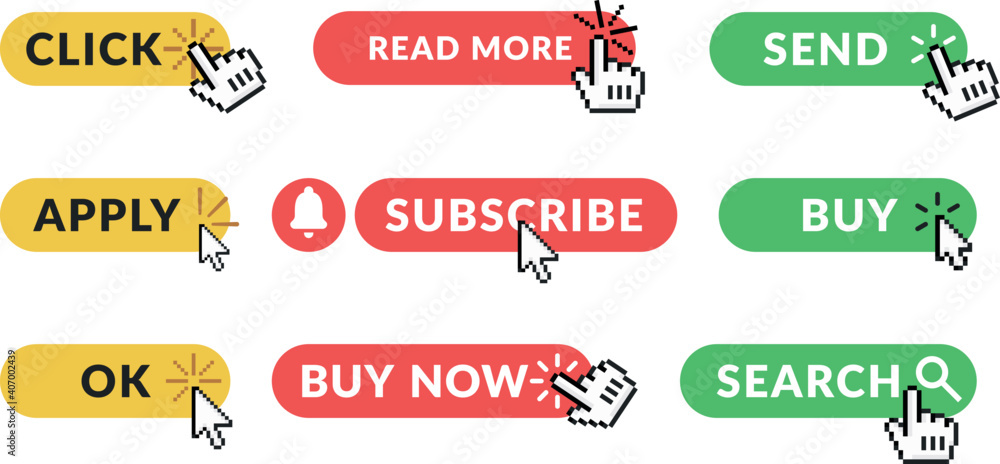 Click buttons. Cursor clicking, mouse arrow or hand pointer over button ...