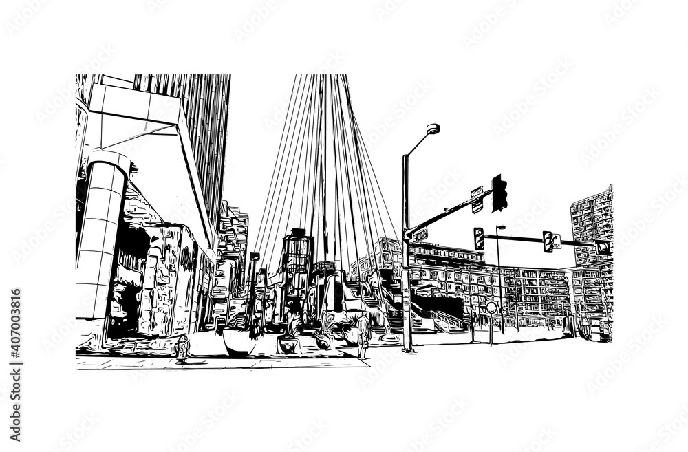 Building view with landmark of Denver is the capital of Colorado. Hand ...