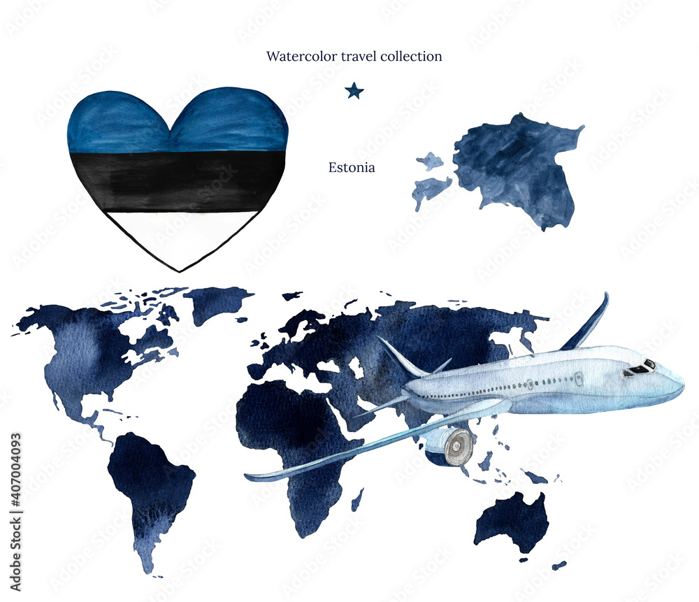 Watercolor hand drawn flag and map of Estonia.Blue world map with ...