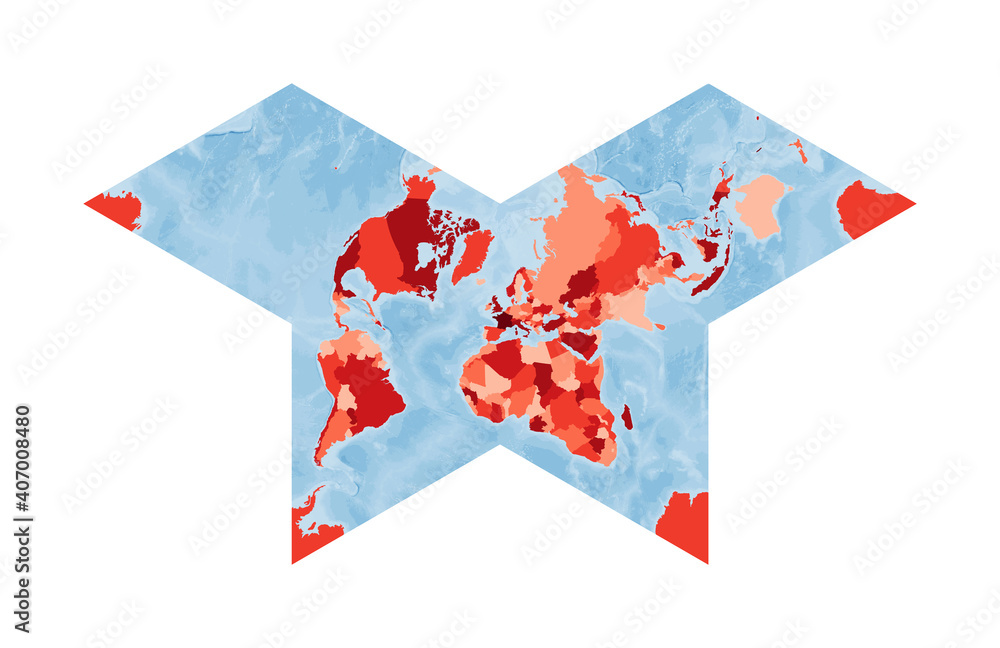 World Map. Gnomonic butterfly projection. World in red colors with blue ...