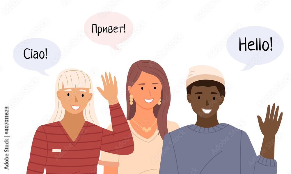 Guy and girl characters smiling people standing together talking Hello ...