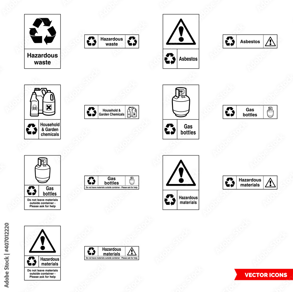 Hazardous waste recycling signs icon set of outline types. Isolated ...