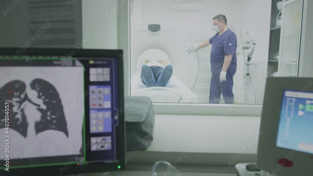 The result of a scan of the lungs on a computed tomograph. Lung model on a computer screen. CT ...